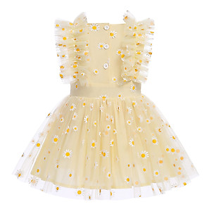 Newborn Infant Baby Girl Ruffle Tutu Romper Dress 1st 2nd Birthday Party Cake Smash Outfit Toddler Summer Flutter Sleeveless Floral Princess Tulle One-picece Baptism Pageant Dress Yellow Daisy 18-24M