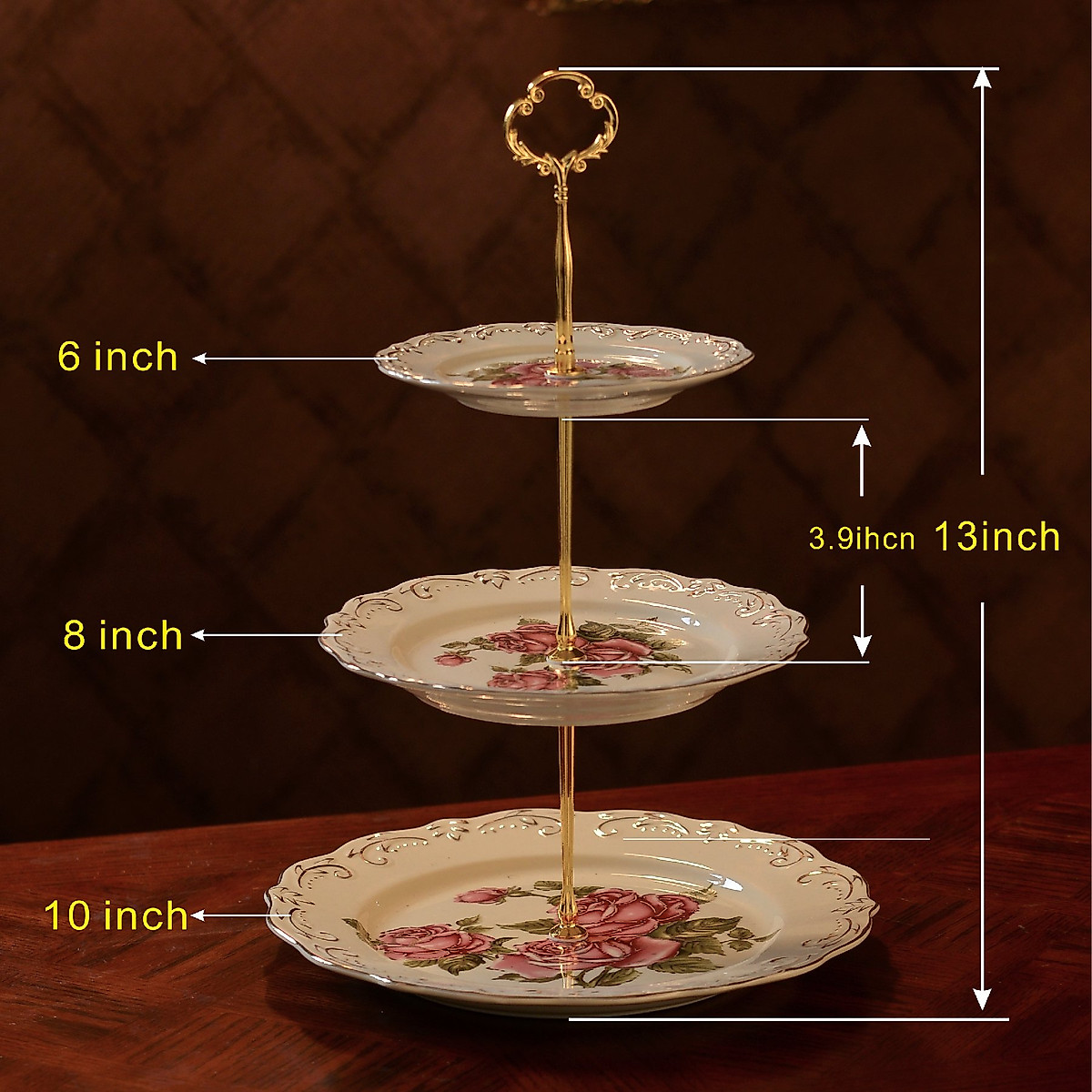 YOLIFE Red Rose Pattern 3 Tiered CupCake Stand, Emboss Golden Leaves Edge Porcelain 3 Tier Pastry Stand Desert Stand