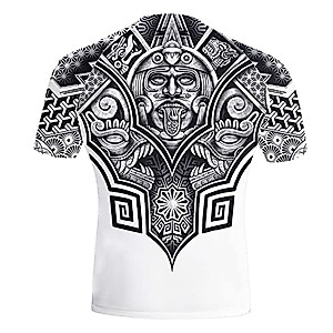PERSONALFURY - Aztec Sun Calendar Men's Short Sleeves Compression Rash Guard MMA BJJ White Ultra Soft Rash Guard - L