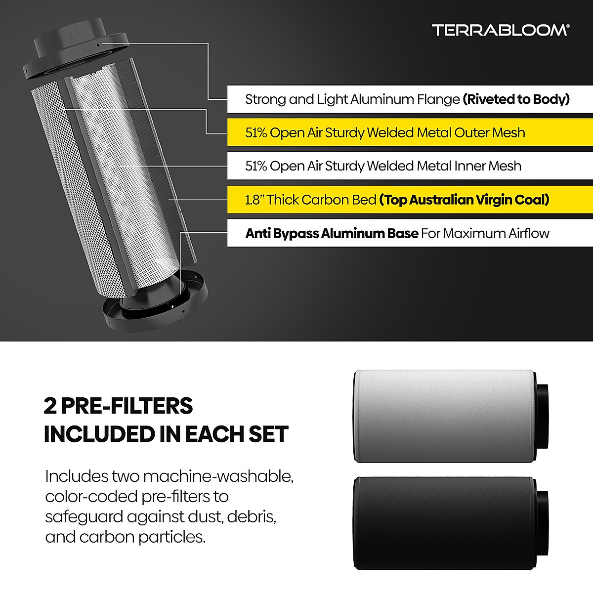 TerraBloom 4" x 16" Carbon Filter for Grow Tent - 46mm Charcoal Carbon Air Filter - Maximize Airflow with 350 CFM - Premium Carbon Air Filter & Charcoal Filter for Homes & Commercial Applications