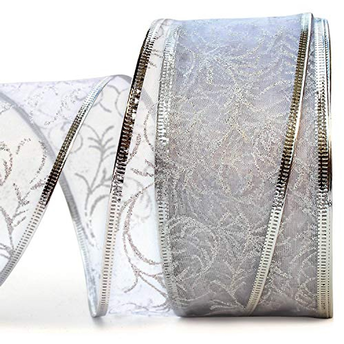 Wire Edged Ribbon Silver Sheer Organza Gift Wrap Ribbon Clearance Metallic Wired Trim & Glitter Decorative White 50 Yards x 2.5 inch Wide 1 Roll Large