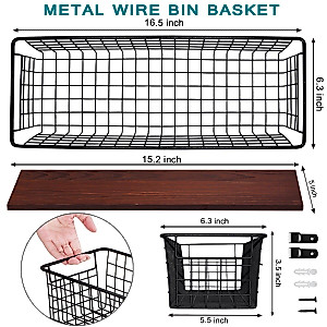 4 Set [Extra Large] Portable Metal Farmhouse Wall Decor Storage Organizer Basket Bin with Handles and Floating Shelves for Hanging in Entryway,Bathroom,Kitchen-Wall Mount Hooks Included (4, Black)