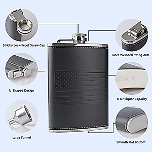 New Scale American Flag Flask Set, 8 Oz Flasks for Liquor for Men with Funnel & 2 Cups , 18/8 Stainless Steel Alcohol Drinking Flask for Men Great Gift Box（Black Leather）