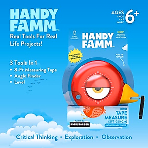 Handy Famm 8Ft Animal-Shaped Kids Tape Measure, Level & Protractor Angle Finder, Fun Educational Children's Tape Measure, Small Measuring Tape for Learning Early Math Skills, Ages 6+, Red Bird