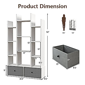 Tangkula Bookshelf with 2 Drawers, Tree-Shaped Bookcase with 12 Open Storage Shelves, Freestanding Industrial Wood Display Cube Shelf, Home Office Books Organizer, 31.5 x 9.5 x 52 Inches