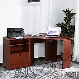 HOMCOM Computer Desk with Printer Cabinet, L-Shaped Corner Desk with Storage, Study PC Workstation for Home Office, Cherry