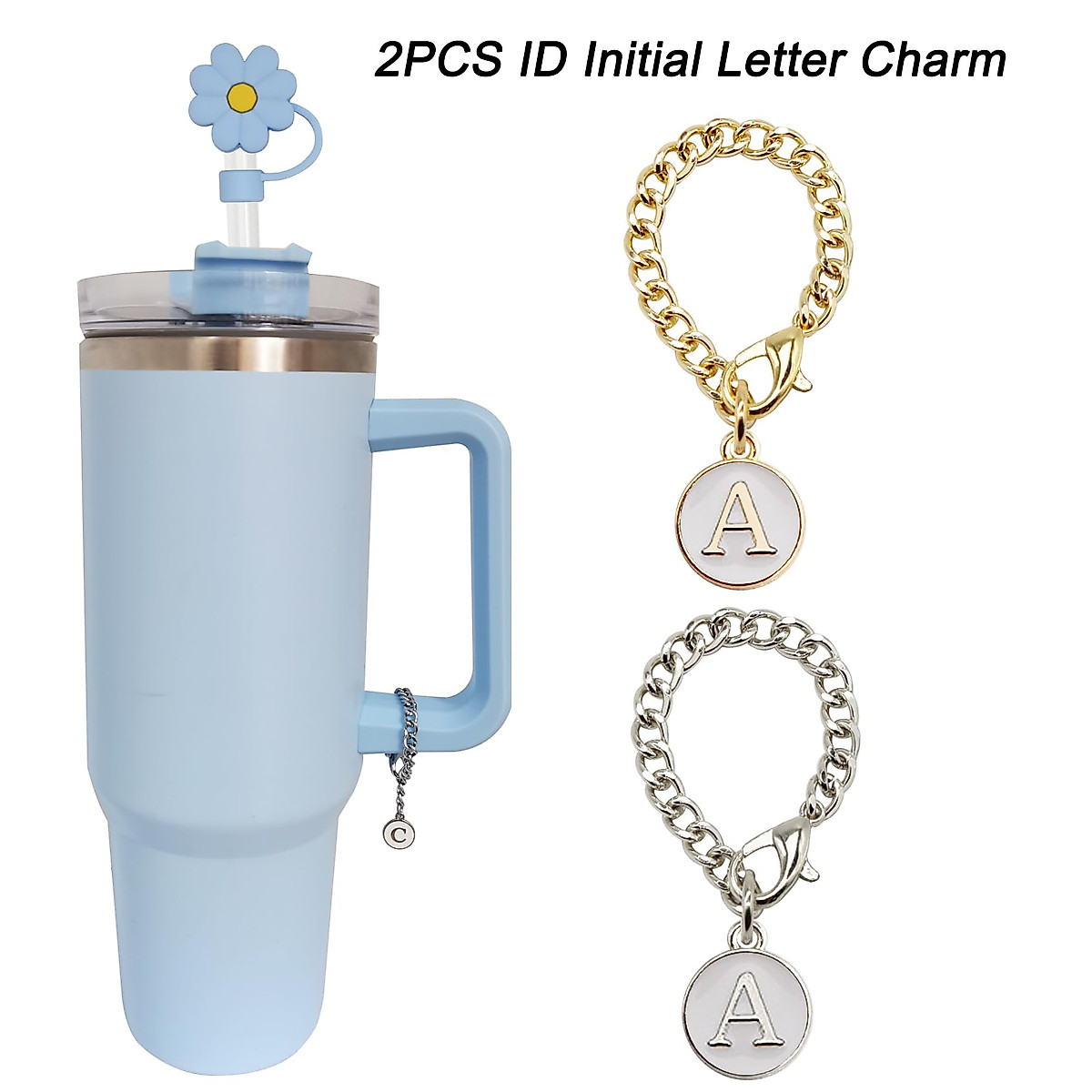 Altally 3PCS Straw Cover for Stanley Cup 30&40 Oz 10mm Flower Silicone Straw Topper Protector Lid with 2PCS Initial Personalized Letter Charm Stanley Tumblers Accessories (3pcs flowers+2pcs letter A)