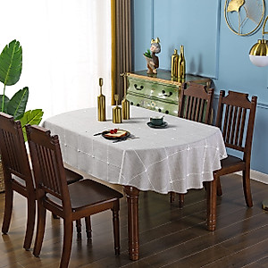 QsyyHome Lattice Oval Tablecloth Rustic Embroidery Cotton Linen Fabric Brown Checkered Table Cover Tablecloths for Kitchen Dining Party Tabletop Decoration 60 x 84 inches