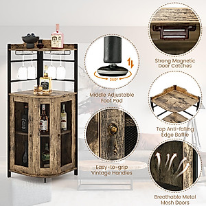 LOKO Corner Wine Bar Cabinet, Industrial Wine Cabinet with Metal Mesh Doors & Adjustable Shelf, Liquor Cabinet with Anti-toppling Device, Rustic Brown, 19 x 19 x 51 Inches (Taupe)