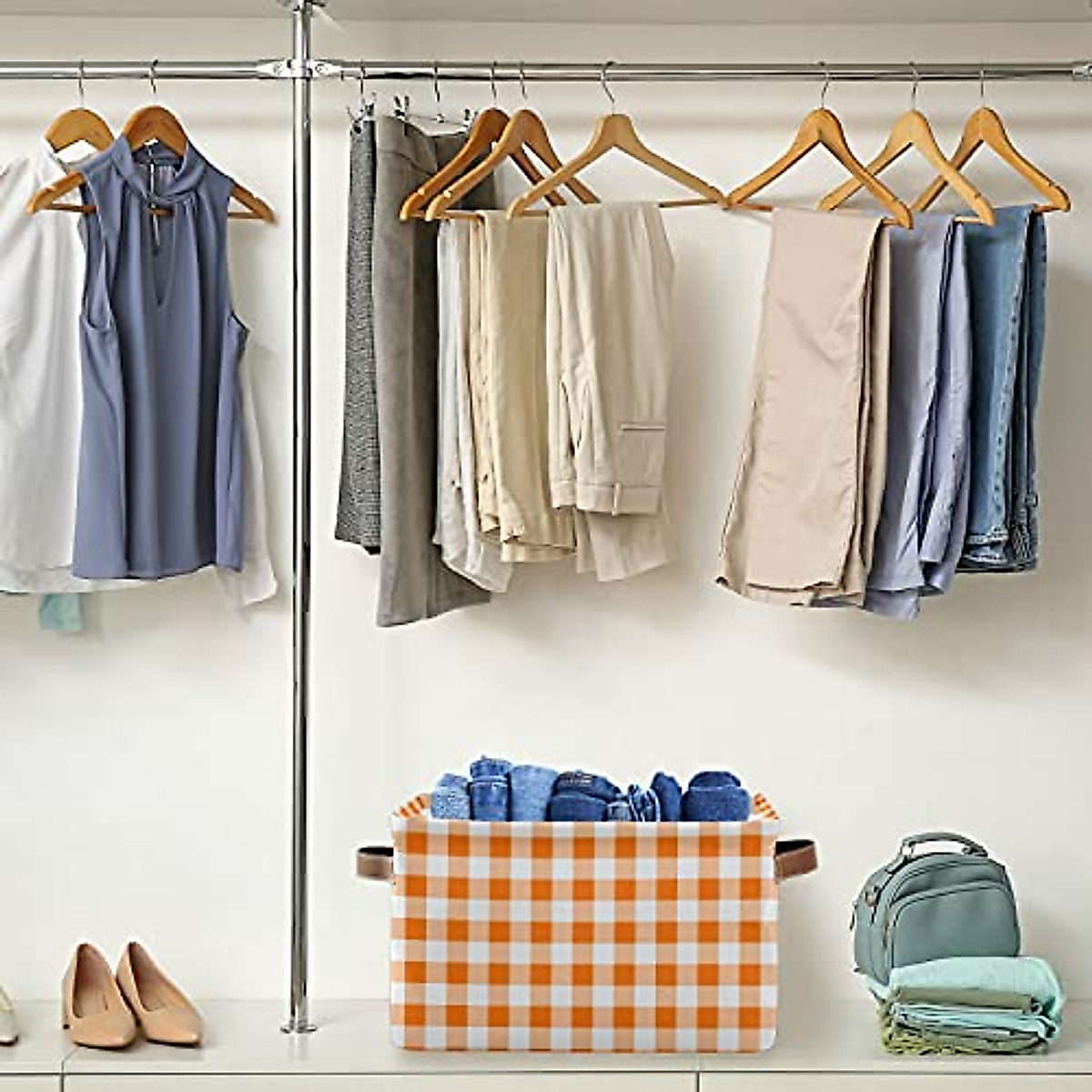 susiyo Orange Checkered Plaid Storage Bins, 14 x 10 inch Canvas Storage Basket for Shelves Closet Organizing - 1 Piece
