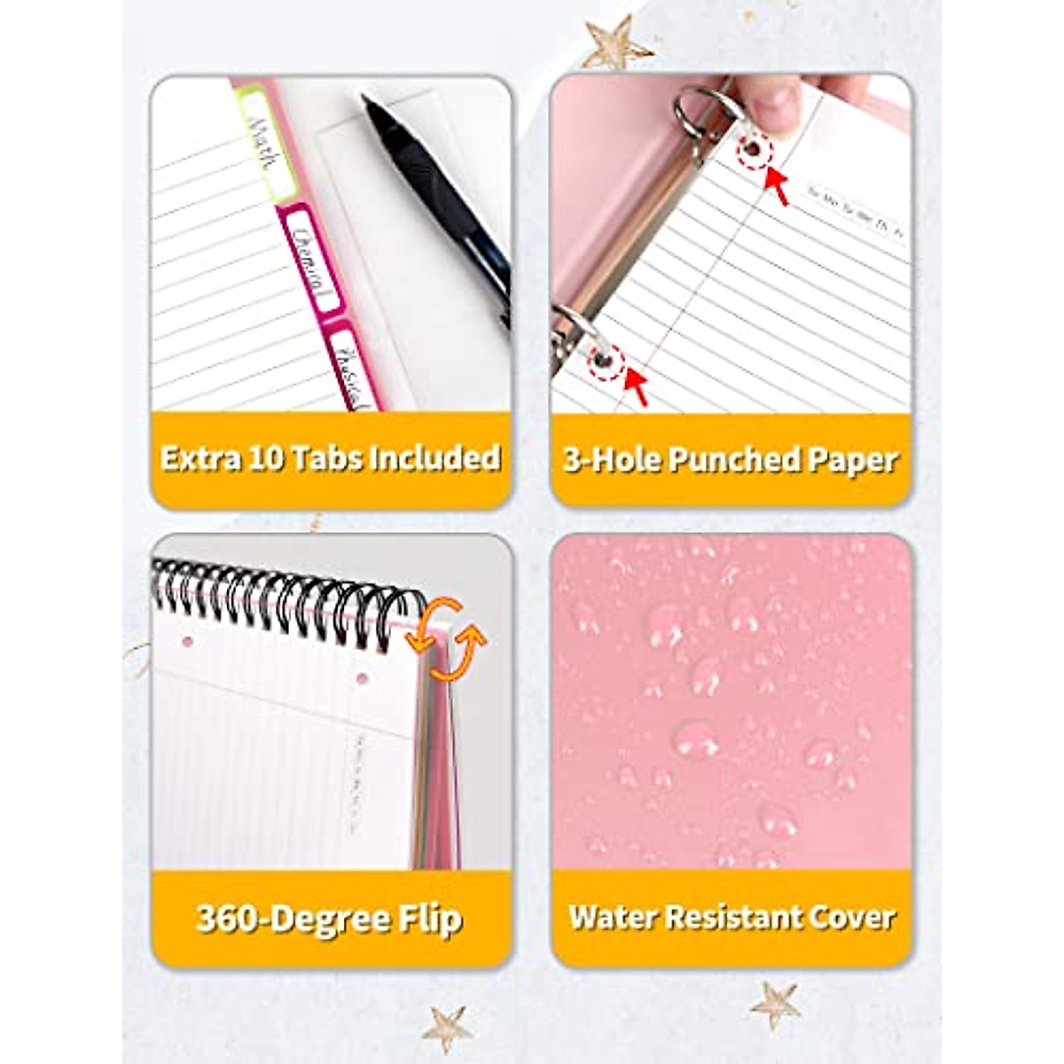SUNEE 5 Subject Notebook College Ruled - 300 Pages, 8.2"x10.8", Spiral Lined Notebook with 5 Pocket Colored Dividers, 3-Hole Punched Paper, Pink Notebooks for School Supplies, Home & Office, Writing Journal