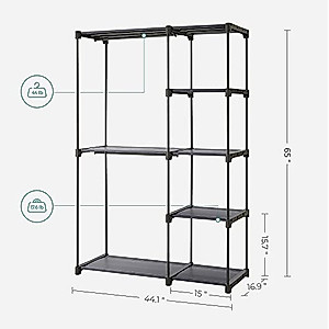 SONGMICS Freestanding Closet Organizer, 44-Inch Clothes Rack with 2 Hanging Rods, Portable Wardrobe Clothes Organizer with 4 Storage Shelves, Gray URYG024G02