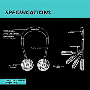 Voglioshop Personal Neck Fan, USB Rechargeable Portable Fan, Cooling Fan Ideal When You Do Any Activity and Wear a Face Mask, 3 Wind Speeds, LED Lights, Accessible Power Buttons, Long Lasting Battery