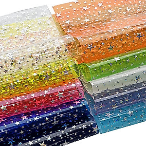 XHT 10 Pcs Sparkle PVC Vinyl Fabric, 8.3"x11.8" Clear Laser Star Printed Waterproof Jelly Vinyl for Hair Bows Earrings Crafts