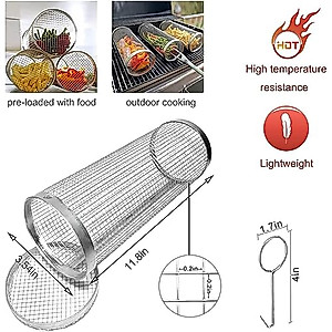 Rolling Grilling Basket-Grill Basket 2 PCS-BBQ Grill Basket, Stainless Steel Grill Mesh Barbeque Grill Accessories, Portable Grill Baskets for Outdoor Grill for Fish, Shrimp, Meat, Vegetables, Fries (3.54 x 3.54 x 11.8 inch)