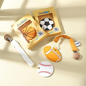 AmazingM Baby Food Grade Silicone Sports Shape Teether Toy with Pacifier Clip Holder,Teething Pain Relief Toys Gift Set for 3 Months+ Boys and Girls,Freezer Safe,BPA Free (Baseball)