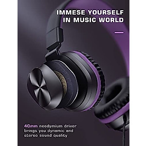 Headphones, On-Ear Wired Headphones with Microphone, Stereo Sound Headphones with 1.5m Tangle-Free Cord for Adults Children Purple