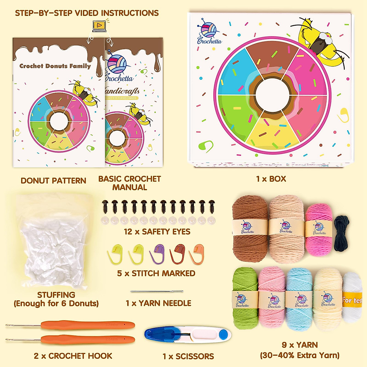Crochet Kit for Beginners, Beginner Crochet Starter Kit w Step-by-Step Video Tutorials, Learn to Crochet Kits for Adults & Kids, DIY Knitting Supplies, 6-Pack Donut Family(40%+ Yarn Content)