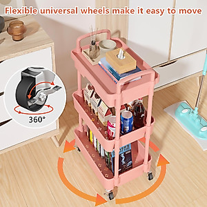 Calmootey 3-Tier Rolling Utility Cart with Drawer,Multifunctional Storage Organizer with Plastic Shelf & Metal Wheel,Storage Cart for Kitchen,Bathroom,Living Room,Office,Pink