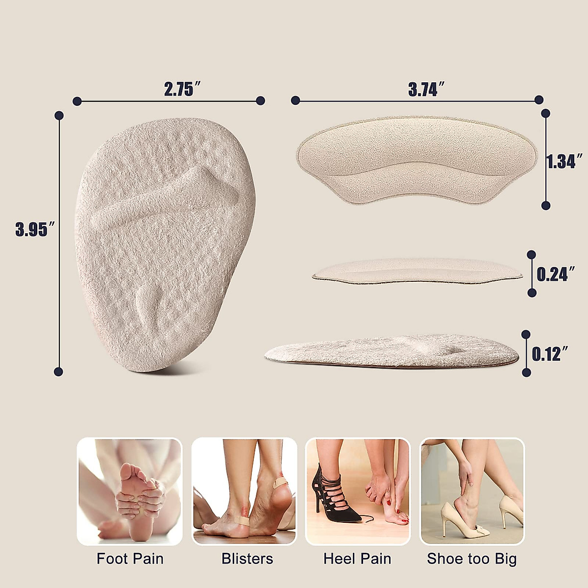 Riootlnm Metatarsal Pads, Ball of Foot Cushions, Heel Pads Inserts for Too Big Shoe, Reduce Foot Pain, No Slip Heel Grips Liners Shoe Pads for Loose Shoe, Blisters(Beige+Black)