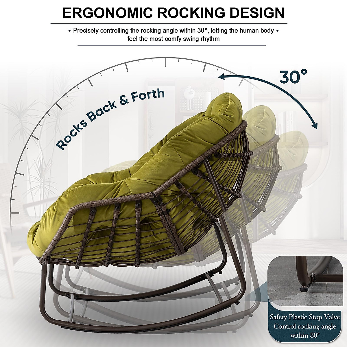 Outdoor Rocking Chair, Patio Oversized Rattan Egg Rocking Chair, Indoor Outside Padded Cushion Rocker Recliner Chair, Modern Lounge Chair for Front Porch, Garden, Backyard, Balcony, Deck, Olive Green