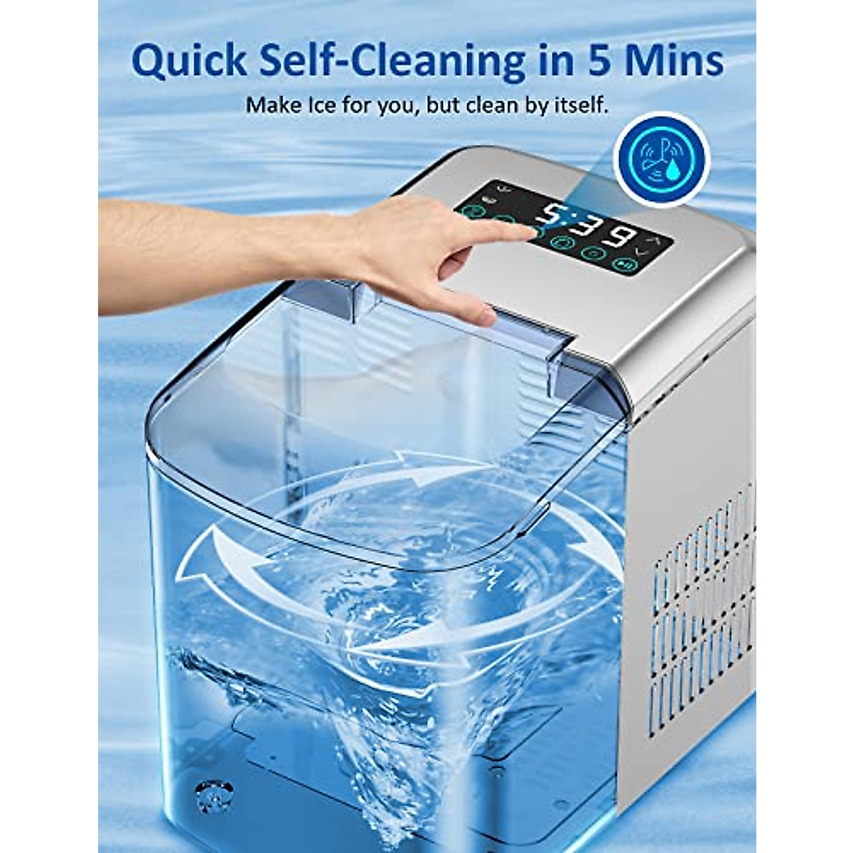 33Lbs/24H Ice Maker Countertop, 10 Ice Cube in 8 Mins, Smart Touch Control LED Panel, Time Reservation & Countdown, Self-Cleaning, 2 Sizes Ice Cube, Portable for Home Camping Party RV, Stainless Steel