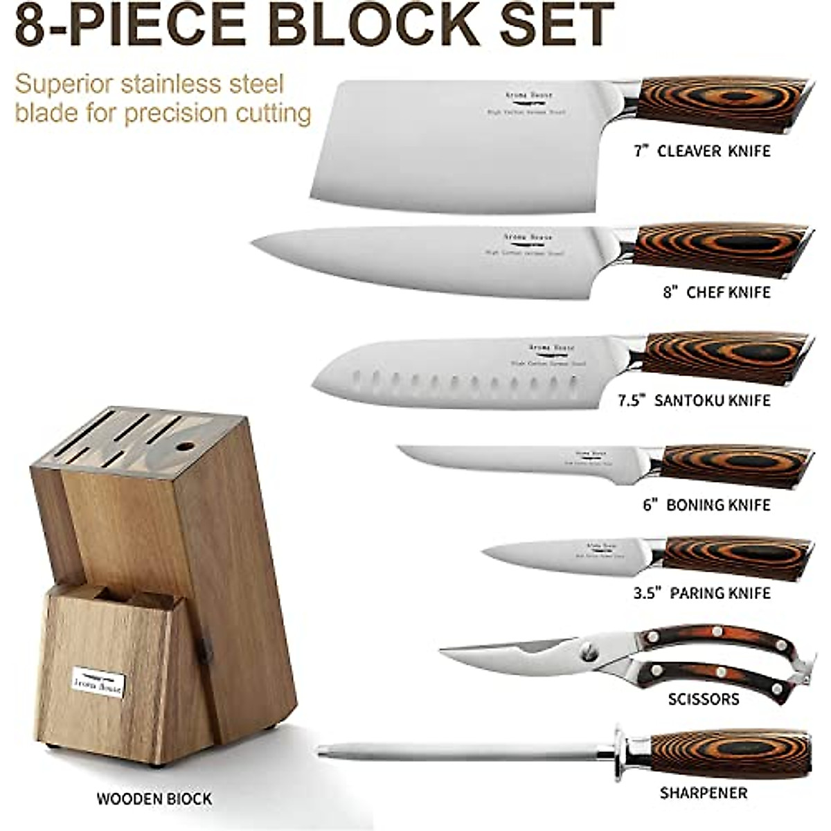 Aroma House 8-Piece Chef Cleaver Knife Set with Block,Professional Kitchen Knife Set, High Carbon German Stainless Steel Kitchen Knife with Ergonomic Handle for Home,Kitchen & Restaurant.