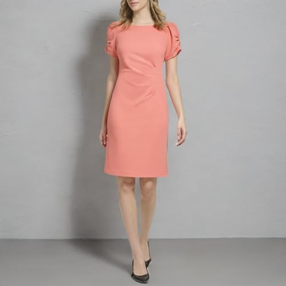 Karl Lagerfeld Paris Women's Waist Detail Puff Sleeve Sheath Dress, Coral Quartz, 2