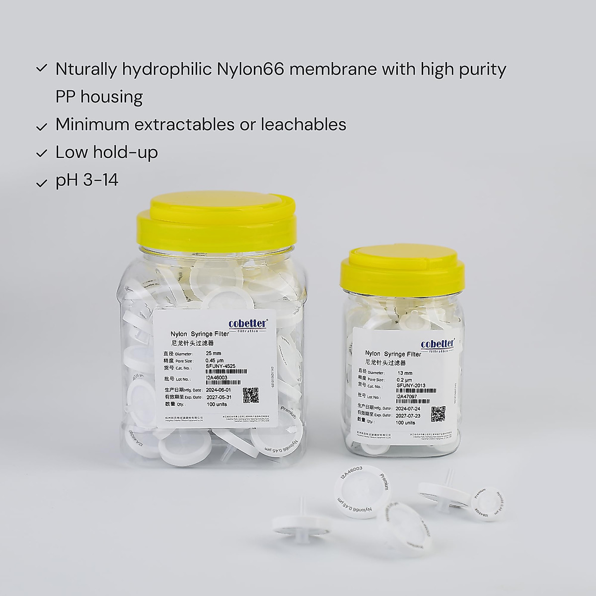 COBETTER 100 Pack Syringe Filter Nylon Lab Filters 0.45μm Pore Size 25mm Diameter Hydrophilic Filtration Non-sterile White