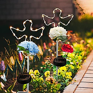 MIBUNG 2 Pack Solar Cross Garden Stake Lights with Flowers, 16 Inch Metal Angel Wings Cross Decorative Lawn Yard Stakes Outdoor Decor, Cemetery Gravesites Decorations Grave Markers, Memorial Gifts