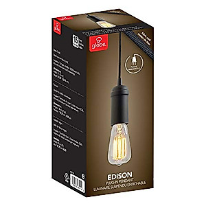 Edison 1-Light Plug-in Pendant, Matte Black, Black Woven Fabric Cord, in-Line On/Off Switch,65114