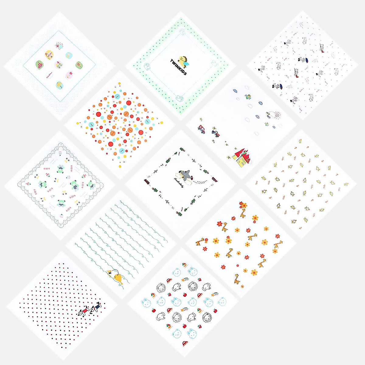 HOULIFE Kids Cotton Handkerchiefs, 100% Soft Handkerchieves Cartoon Printing Small Cute Hankies for Children Girls Boys 12PCS