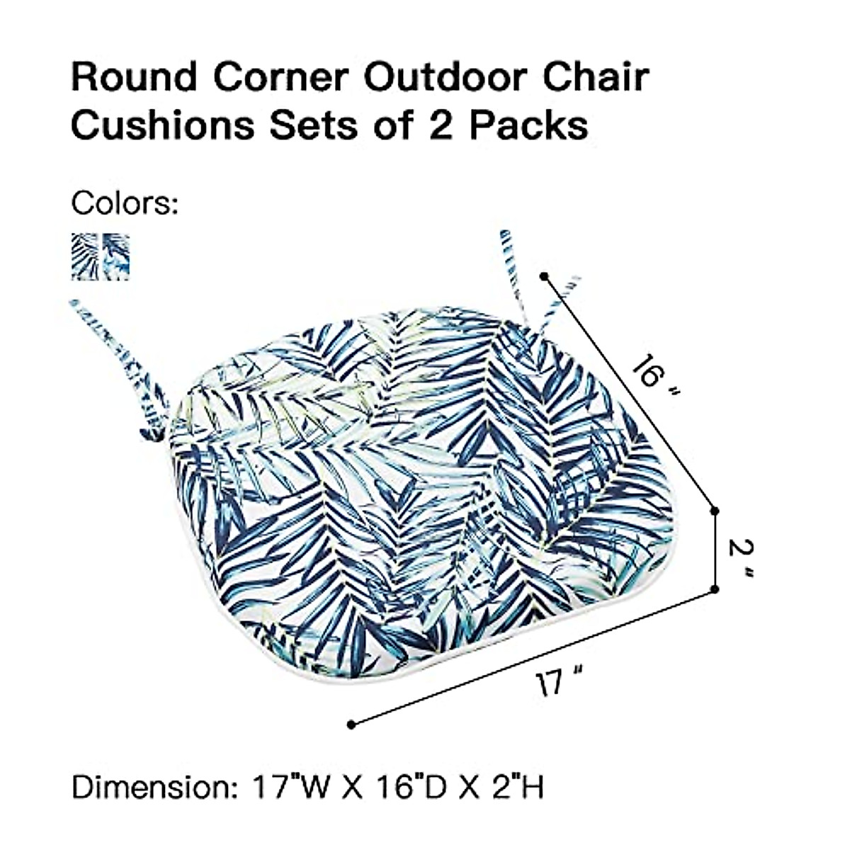 STRICKLANDHOME Outdoor Cushions for Patio Furniture, Water-Resistant Patio Furniture Cushions, Tropical Leaves Outdoor Cushions Set of 2, Round Corner Patio Chair Pads with Ties, 17"X16"X2"