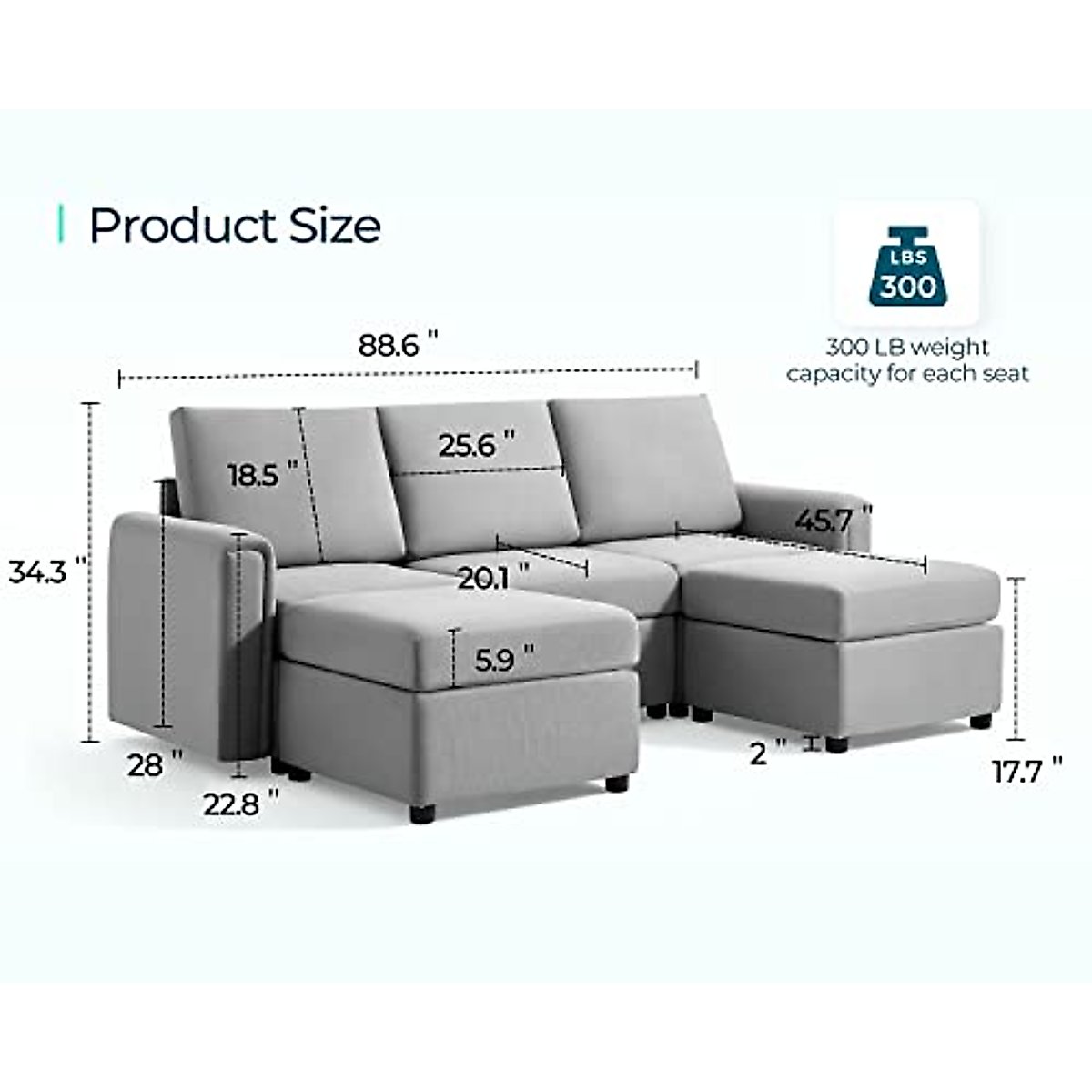 LINSY HOME Modular Sofa, Sectional Couch L Shaped Sofa with Storage, Modular Sectionals with Storage Space and Ottomans, Modern Small Sofa with Chaise for Living Room, Gray