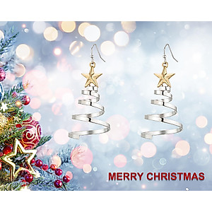 Handmade Christmas Tree Dangle Hoop Earrings Golden Silver Two Tone Women Holiday Gift, Thanksgiving Themed Earrings, Christmas Party Gift