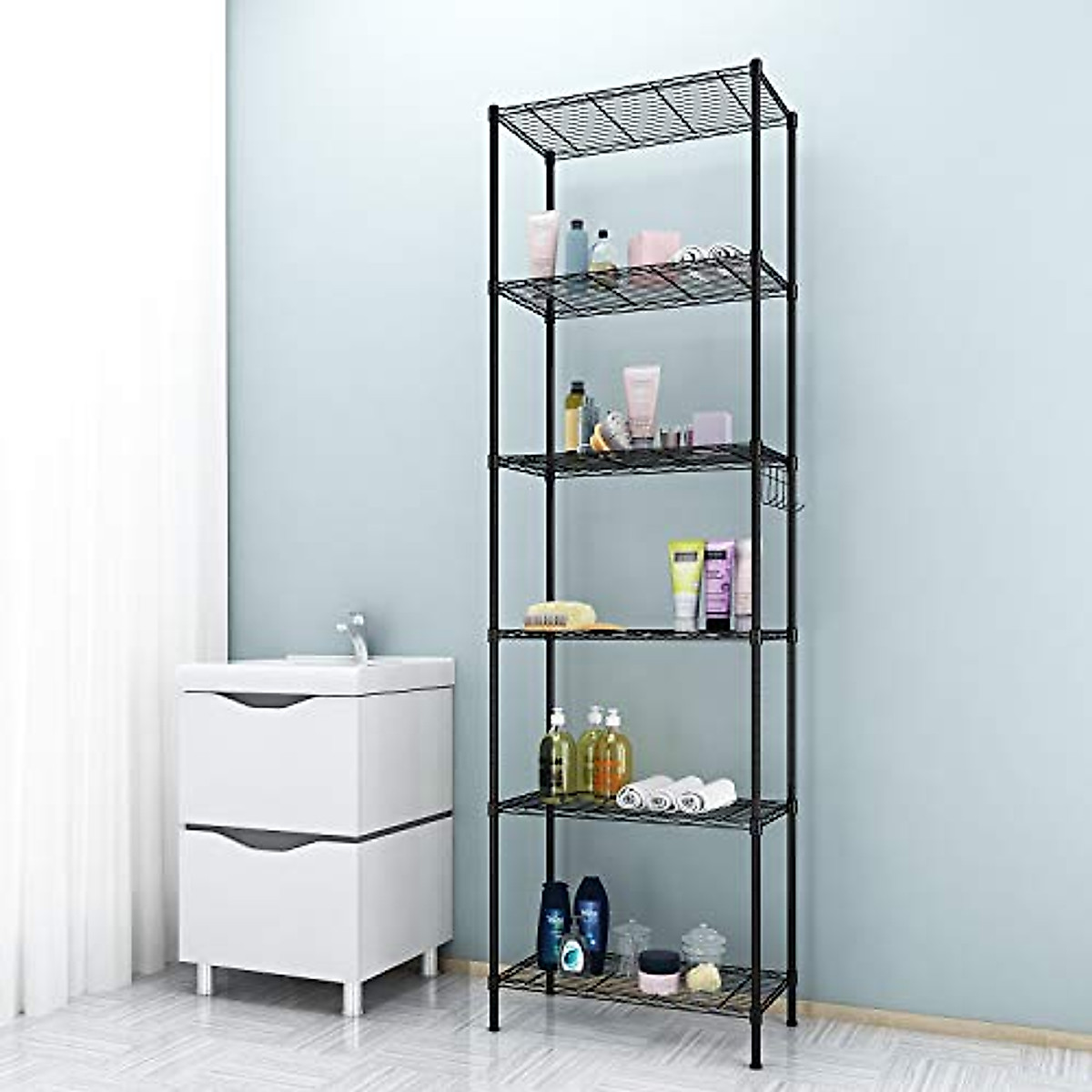 Anfan 6 Tier Wire Shelving Unit Heavy Duty Metal Wire Storage Shelves with Adjustable Leveling Feet & Side Hooks for Kitchen, Garage and Office (Black)