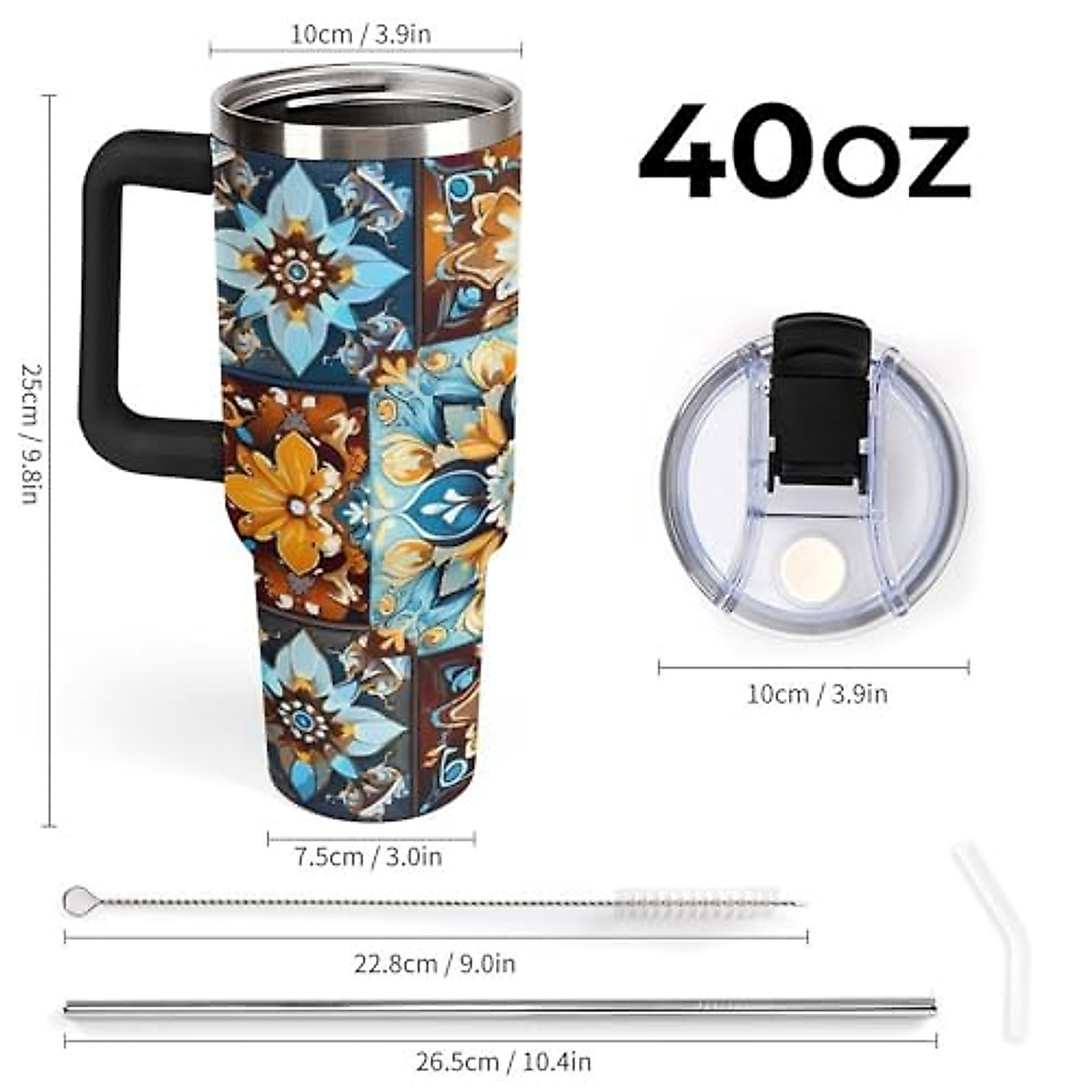 40 Oz Traditional Mexican Pattern Insulated Stainless Steel Tumbler with Handle & Straw Lid, Reusable Travel Cupholder Friendly Mug for Coffee, Water, Tea
