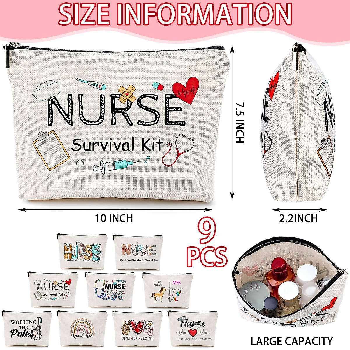 Pinkunn 9 Pieces Nurse Gift Survival Kit Cosmetic Bag Nursing Travel Toiletry Bag for Birthday Gift Funny Nurse Toiletry Makeup Bag for Thank You Women Accessories Work Graduation Christmas