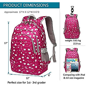 BLUEFAIRY Girls Backpack Kids Elementary School Bags Child Bookbags Waterproof Lightweight Travel Sturdy Durable Gift Mochila Para 5.6.7.8.9.10 Niñas（Rose Red）