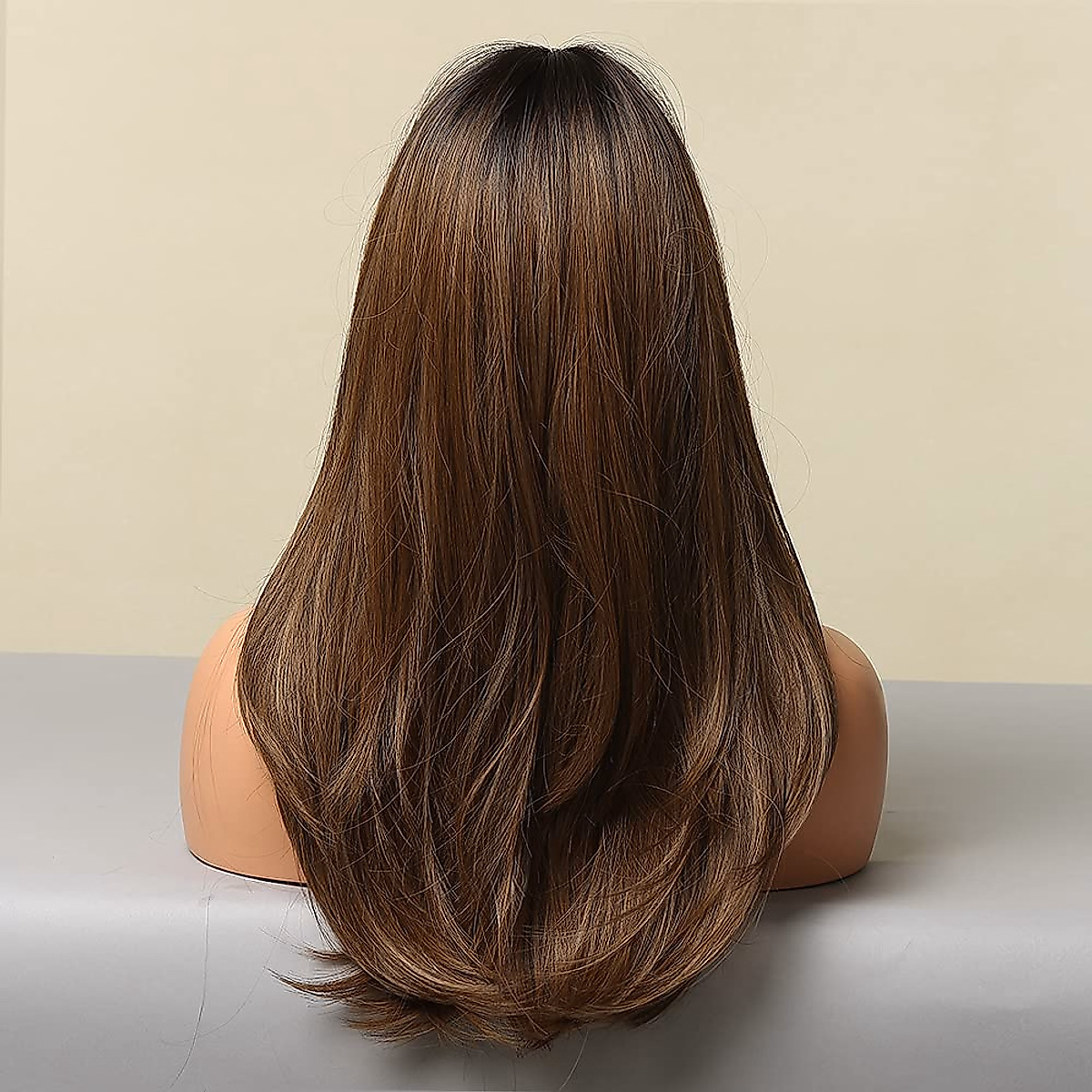 HAIRCUBE Brown Wigs for Women Long Straight layered Wig with Bangs Heat Resistant Fiber Synthetic Wigs Daily Natural looking