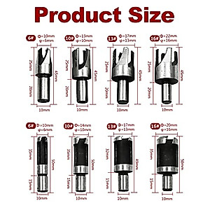 Rocaris 8pcs Wood Plug Cutter Drill Bit Set Straight and Tapered Taper Cutting Tool Cork Drill Bit Knife 6mm 10mm 13mm 16mm