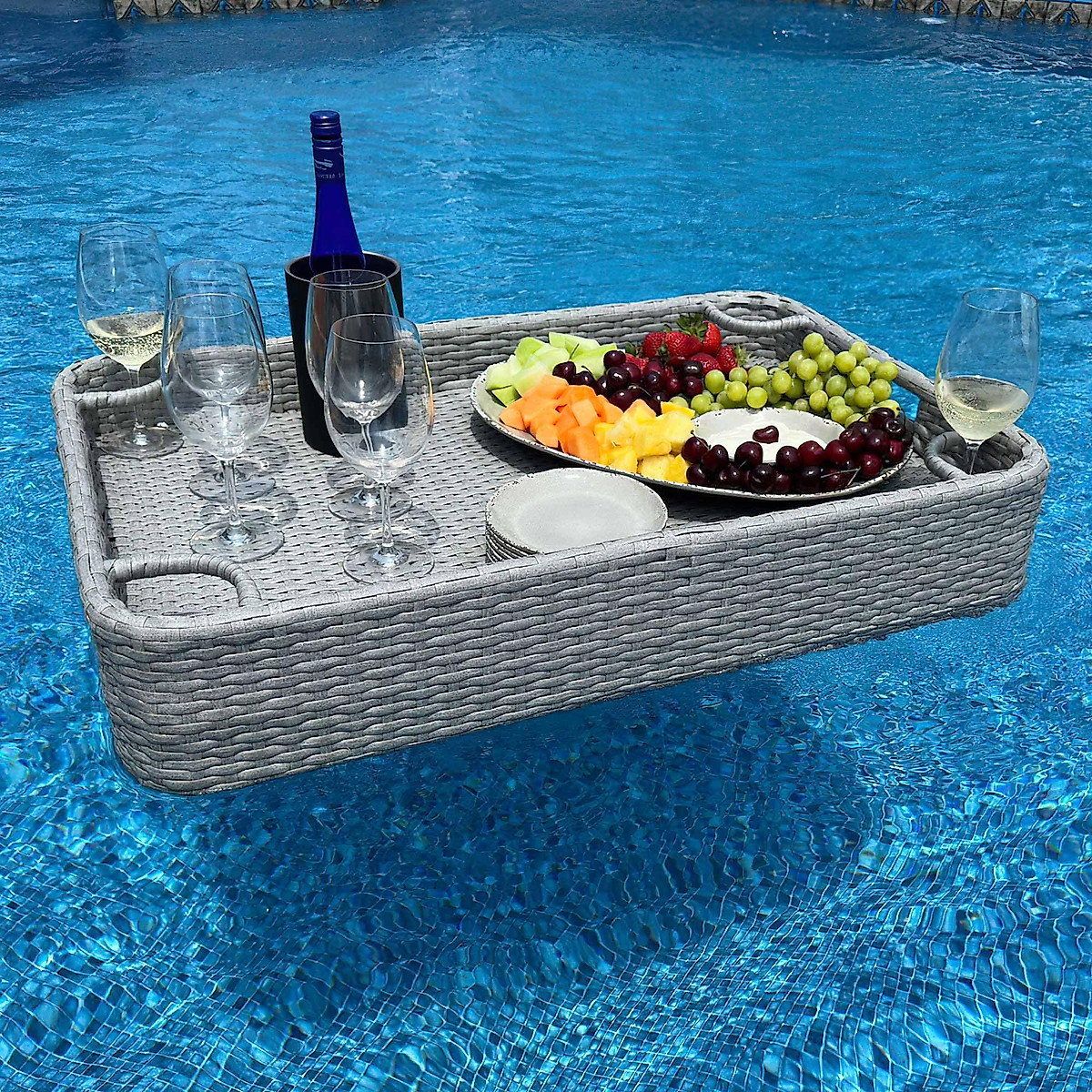 Sunjoy Wicker Floating Tray 36x24 in. Aluminum Frame Pool Tray - Swimming Floating Serving Tray for Drinks, Snacks, and Essentials - Fits Most Pool Sizes - Perfect for Pool Parties and Relaxing, Grey