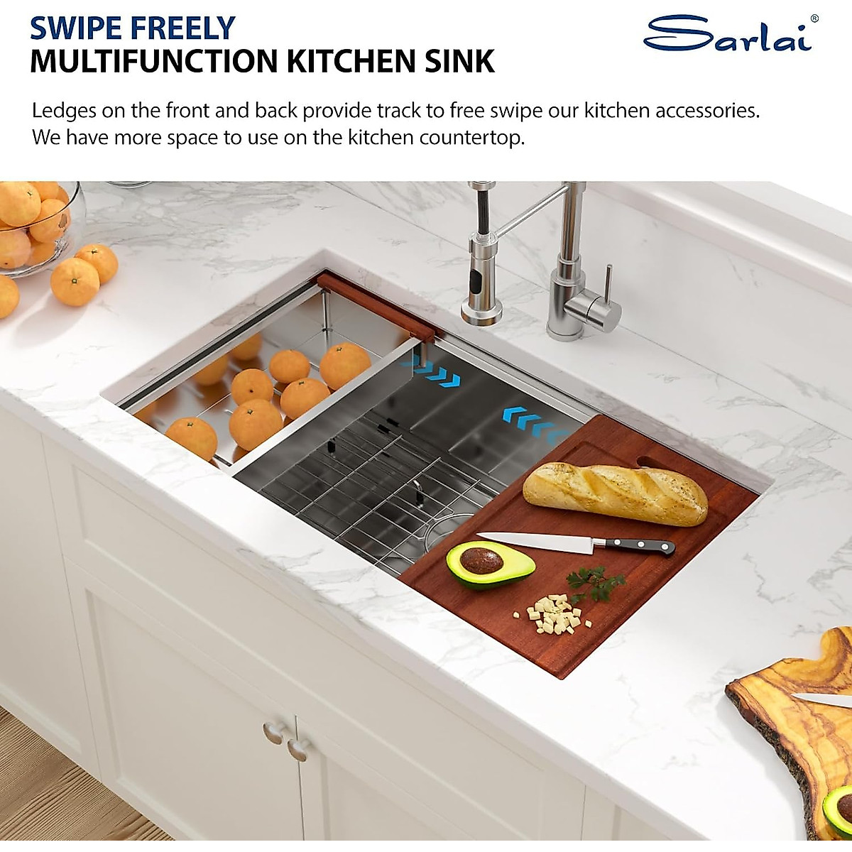 Sarlai 36 Inch Undermount Kitchen Sink Workstation Single Bowl 16 Gauge Stainless Steel Under Counter Kitchen Sinks Large Basin with Round Corners 36x19x10 In