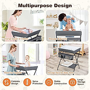 Costzon Changing Table, Portable Baby Changing Table Foldable Diaper Changing Station with Safety Belt, Large Storage Rack & Shelf, Nursery Organizer for Newborn Infant (Dark Gray)