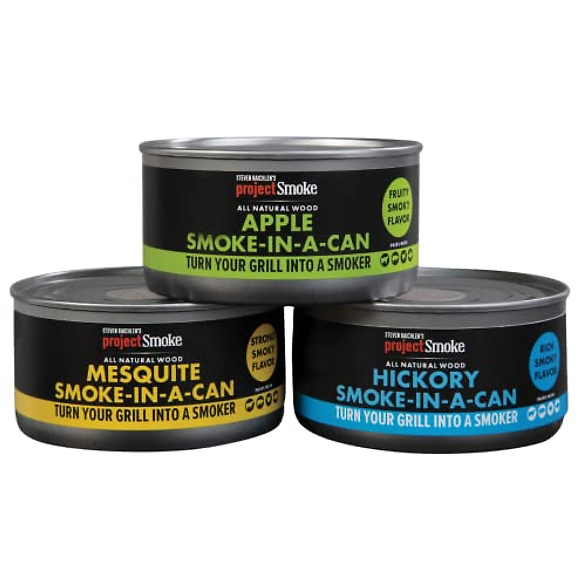 Steven Raichlen's Planet Barbecue Tri Variety Pack Smoke in a Can - Apple, Mesquite, Hickory - Turn Any Grill into a Smoker - Easily Infuse Natural Wood Flavor into Food - Disposable Pellet Smoker Box