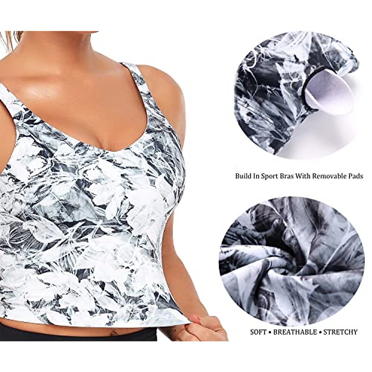 Oalka Sports Bra Womens Longline Padded Crop Tank Yoga Bras Workout Fitness Top Heart Floral Leaf White S