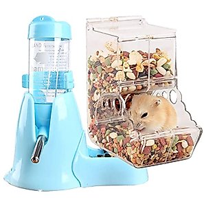 Hamster Automatic Feeder Dispenser for Small Animal Rhamster Ferret Bunny Rabbit Pig Hedgehog Bird Feed Pets, Mini Auto Food Feeding Cage Water Bowl for Vacation（1pcs Feeder+1pcs Water Bowl(Blue)