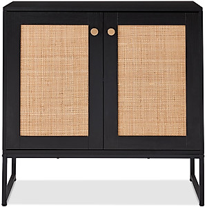 Best Choice Products 2-Door Rattan Storage Cabinet, Accent Furniture, Multifunctional Cupboard for Living Room, Hallway, Kitchen, Sideboard, Buffet Table w/Non-Scratch Foot Pads - Black