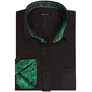 Alizeal Men's Business Slim Fit Dress Shirt Long Sleeve Patchwork Button-Down Shirt, Black and Dark Green-L