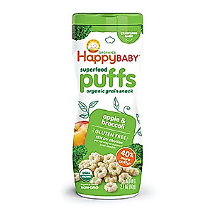 Happy Baby Organic Superfood Puffs Apple & Broccoli, 2.1 Ounce Canister Organic Baby or Toddler Snacks, Crunchy Fruit & Veggie Snack, Choline to Support Brain & Eye Health